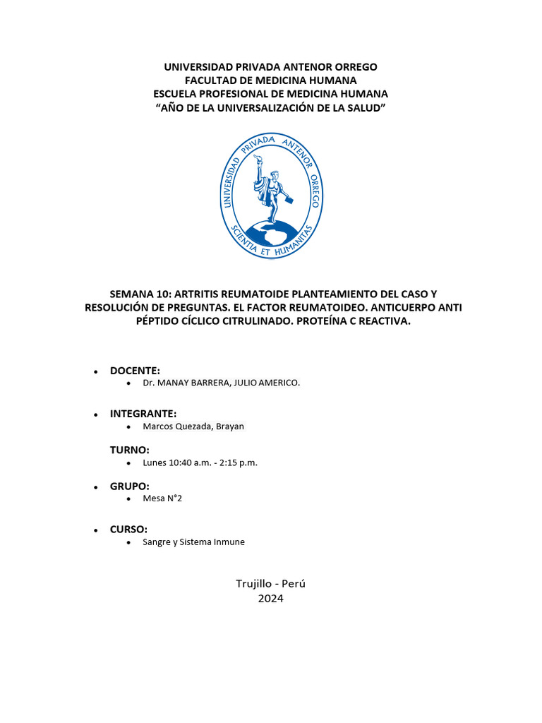 Marcos Quezada, Brayan - INFORME 10 | PDF | Proteína C-reactiva | Artritis Reumatoide