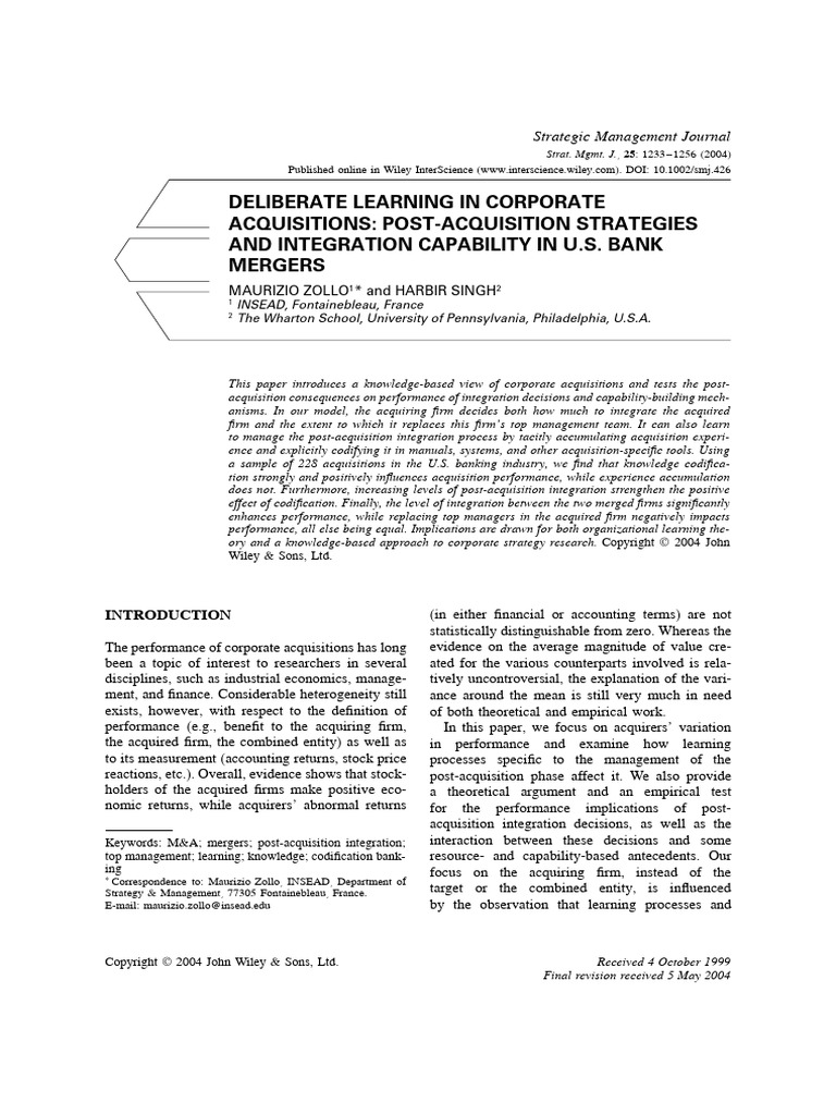 Strategic Management Journal - 2004 - Zollo - Deliberate Learning in Corporate Acquisitions Post ...