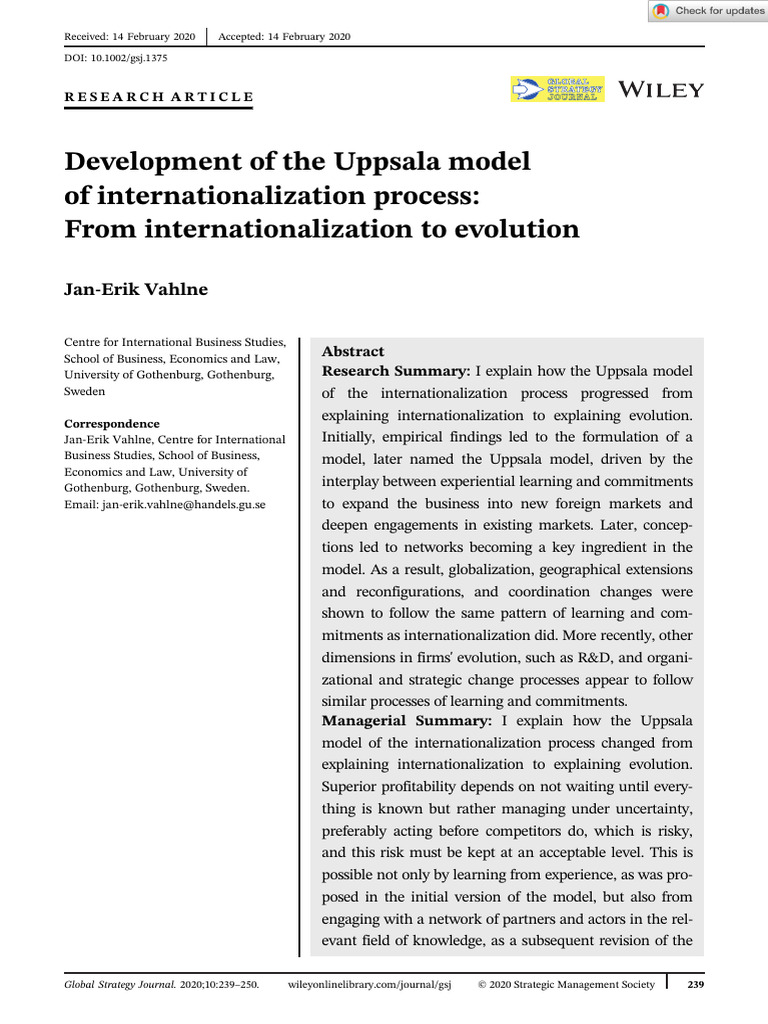 Global Strategy Journal - 2020 - Vahlne - Development of The Uppsala ...