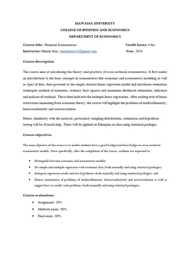 Course Outline Pdf Regression Analysis Econometrics