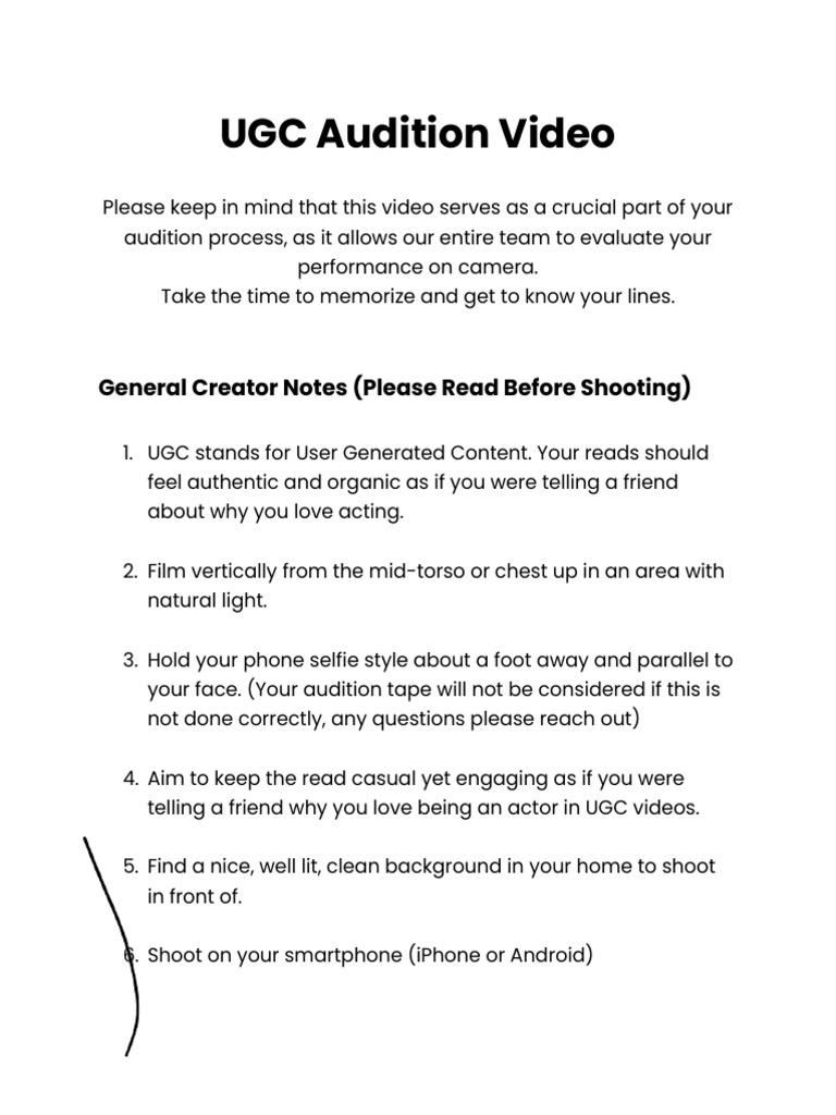 UGC Audition Video Script Instructions. 2 | PDF UGC Audition Video Script Instructions. 2 | PDF