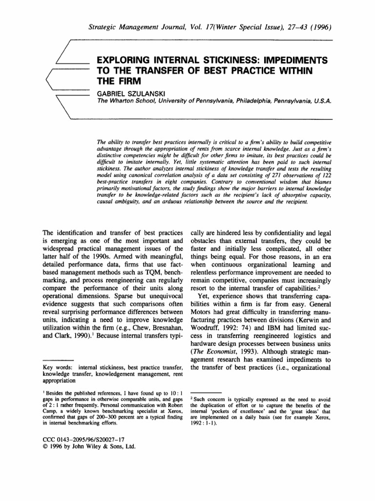 Internal Stickiness in Knowledge Transfer | PDF