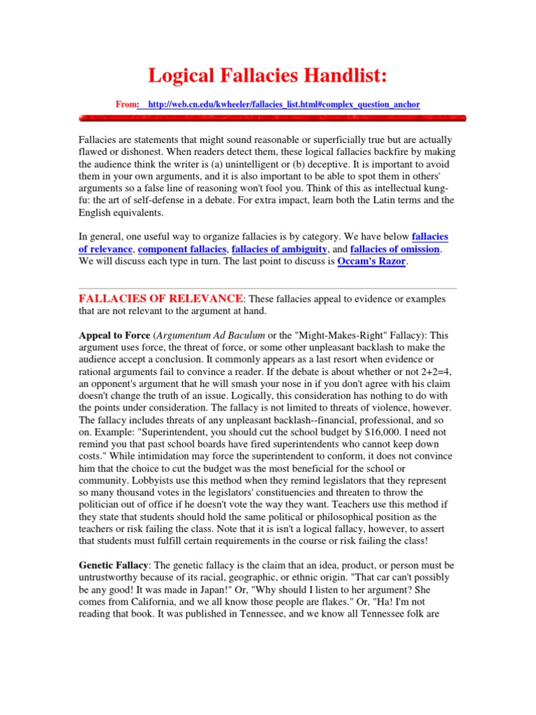 Logical Fallacies Handout Pdf Fallacy Argument