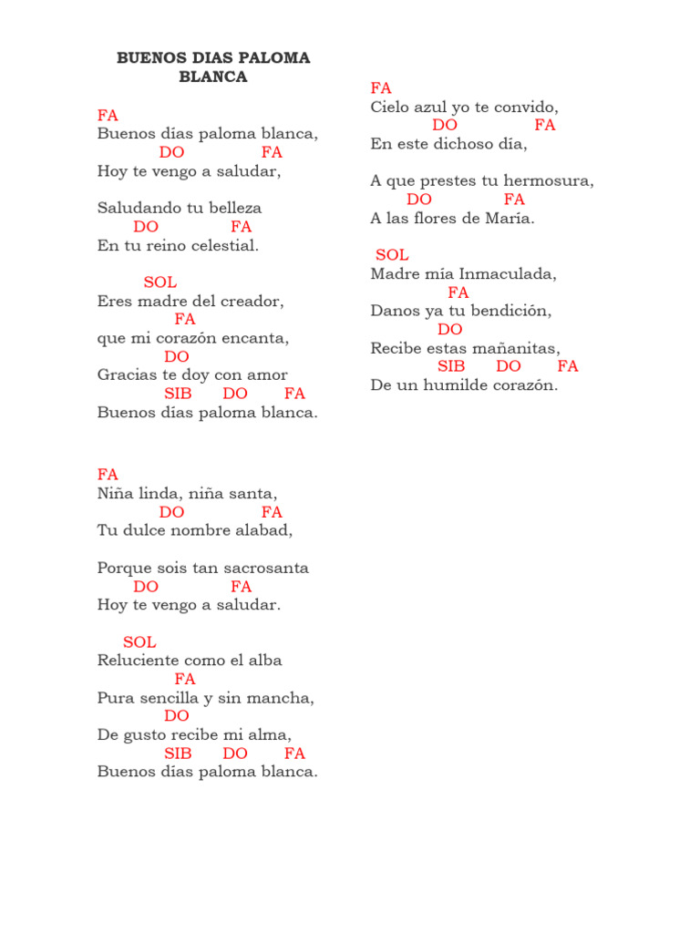Buenos Dias Paloma Blanca Con Acordes | PDF