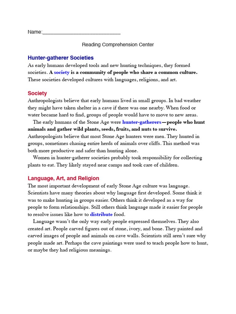 Hunter-Gatherer Reading Comprehension Questions | PDF | Hunter Gatherer ...
