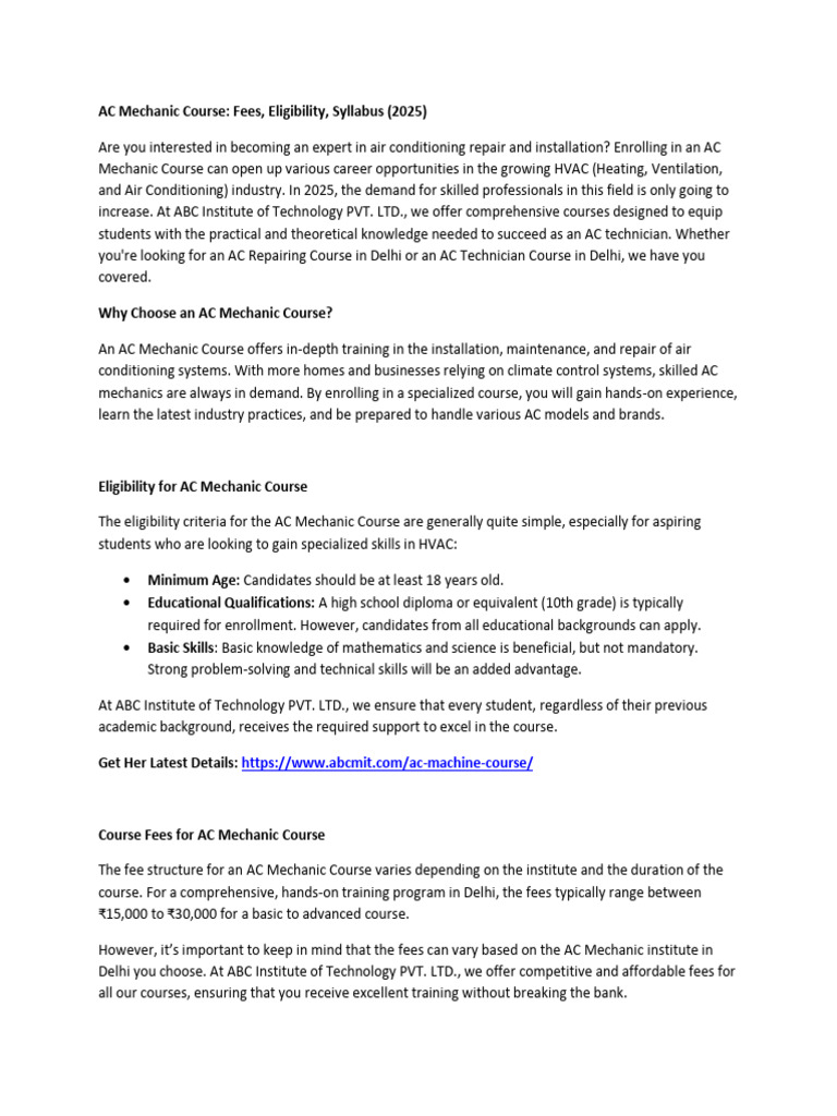 AC Mechanic Course: Fees, Eligibility, Syllabus (2025) | PDF | Air ...