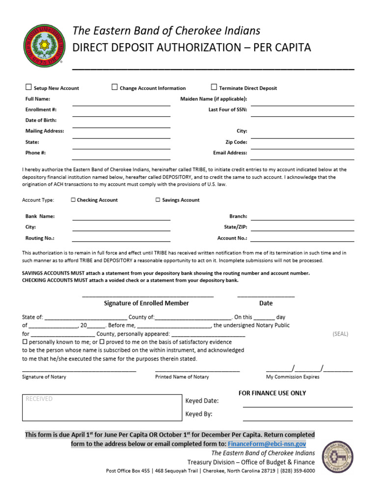 Cherokee Direct Deposit Authorization Form | PDF | Cherokee | Banks