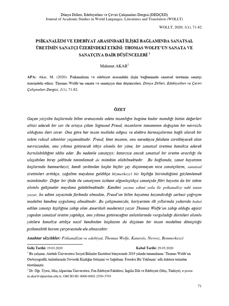 Psikanalizm Ve Edebiyat Arasindaki İlişki Bağlamında Sanatsal ...