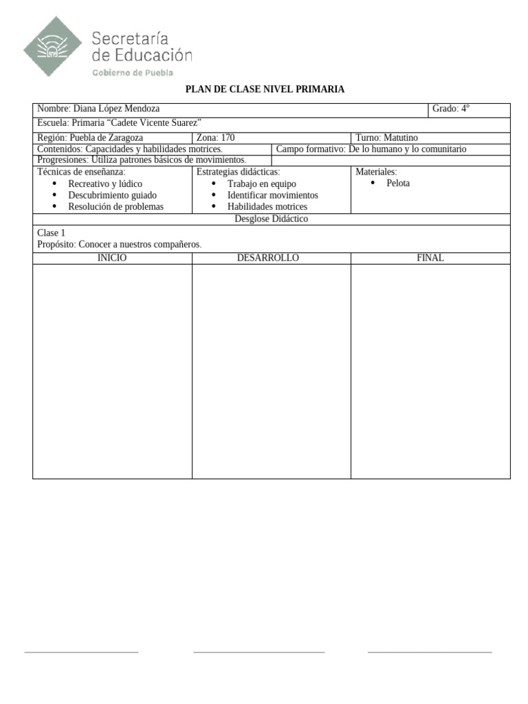Plan de Clase 1ro Primaria Nem | PDF | Enseñando | Maestros