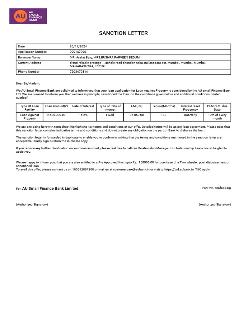 AU Small Finance Bank Loan Sanction Letter | PDF | Loans | Mortgages