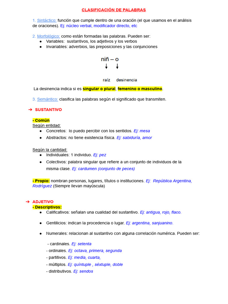 Clasificación de Palabras en Español | PDF | Sustantivo | Morfología ...