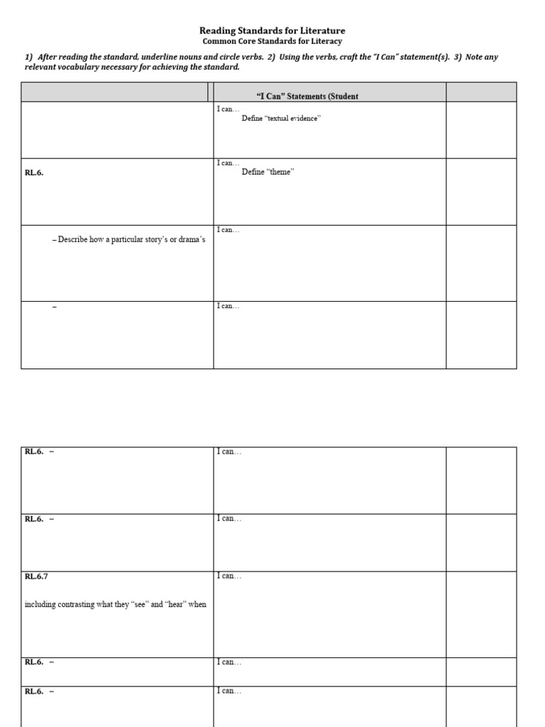 6th Grade Literature Objectives | PDF | Narration | Word