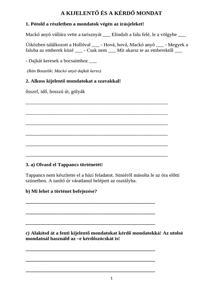 Osztály KIJELENTŐ ÉS A KÉRDŐ MONDAT | PDF