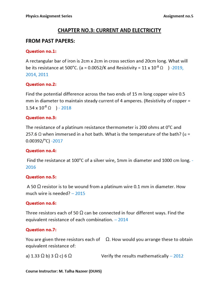 Assignment No.5 (Current and Electricity) | PDF | Electrical Resistance ...