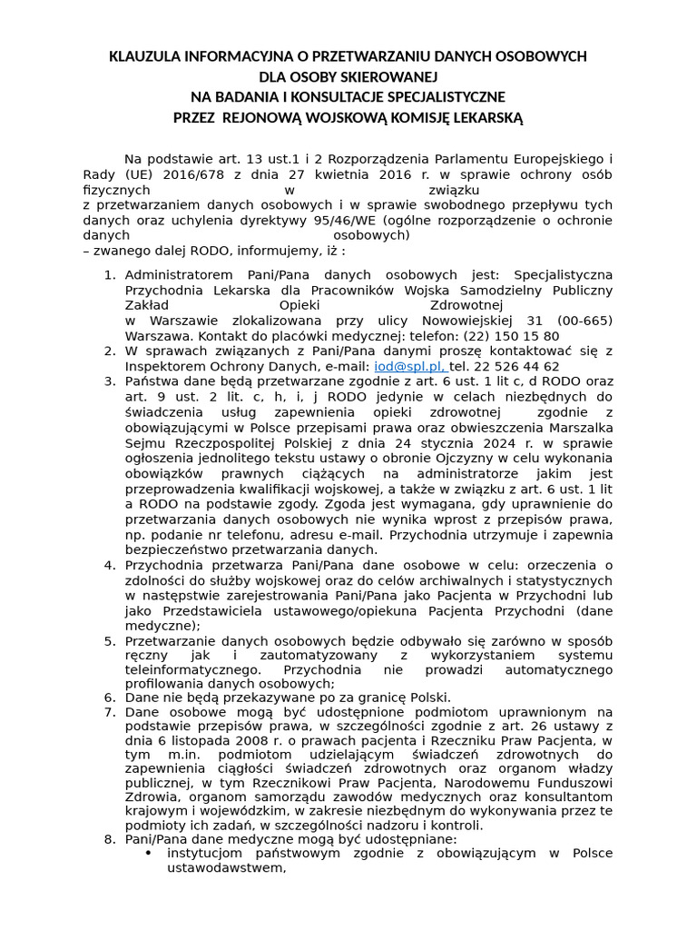KLAUZULA INFORMACYJNA Przychodnia | PDF