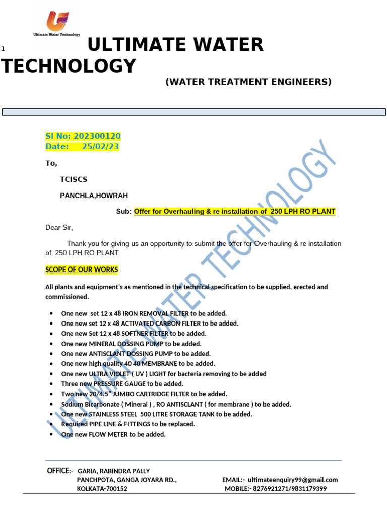 New Quotation for Overhauling 250 LPH RO PLANT | PDF | Water ...