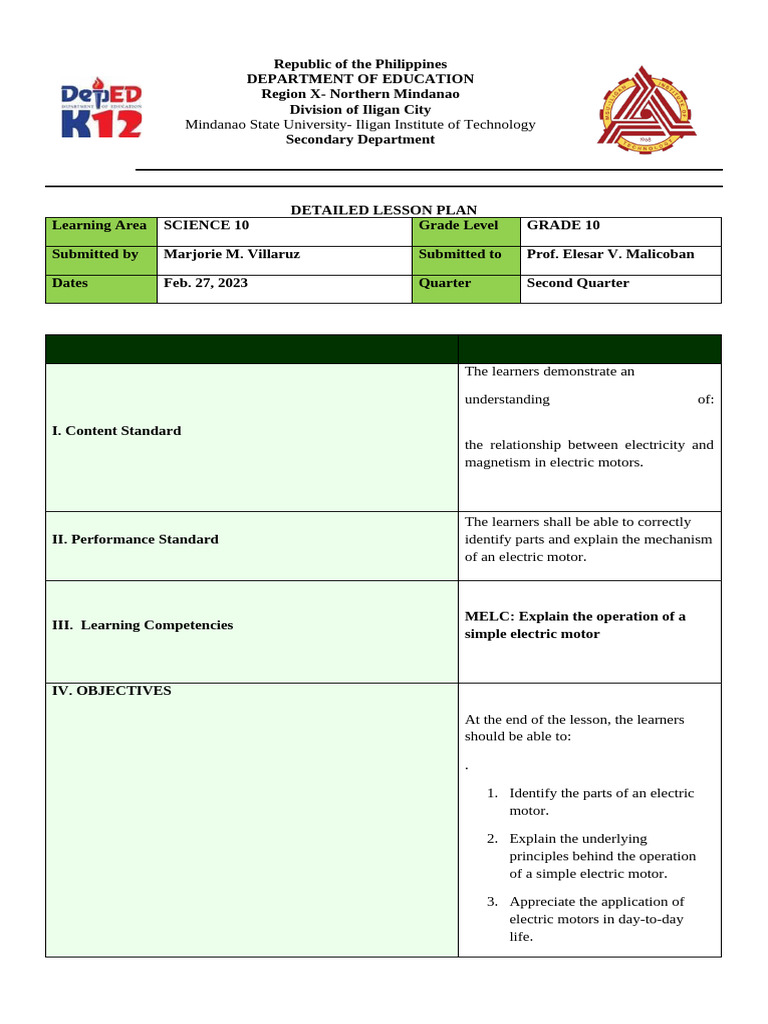 Lesson-Plan-Electric Motor | PDF | Electric Motor | Magnetic Field