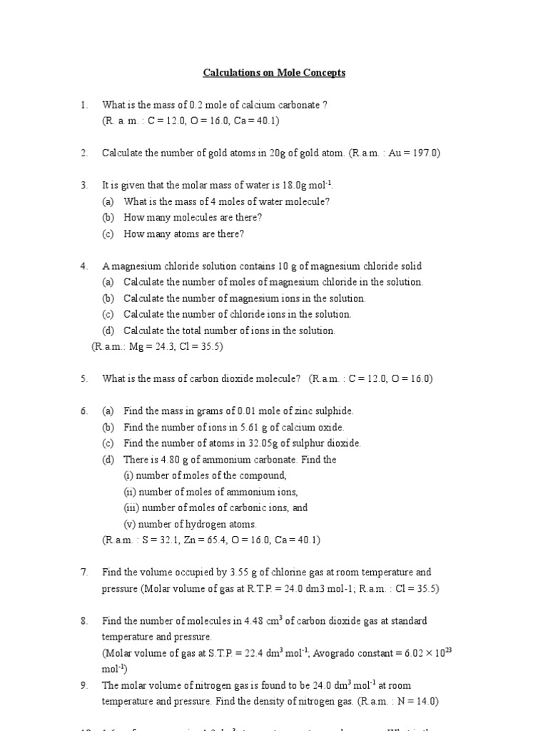 Mole Calculation | PDF | Mole (Unit) | Gases