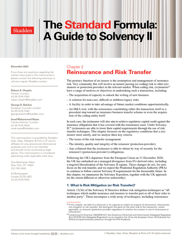 A Guide To Solvency II Chapter 2 Reinsurance and Risk Transfer | PDF ...