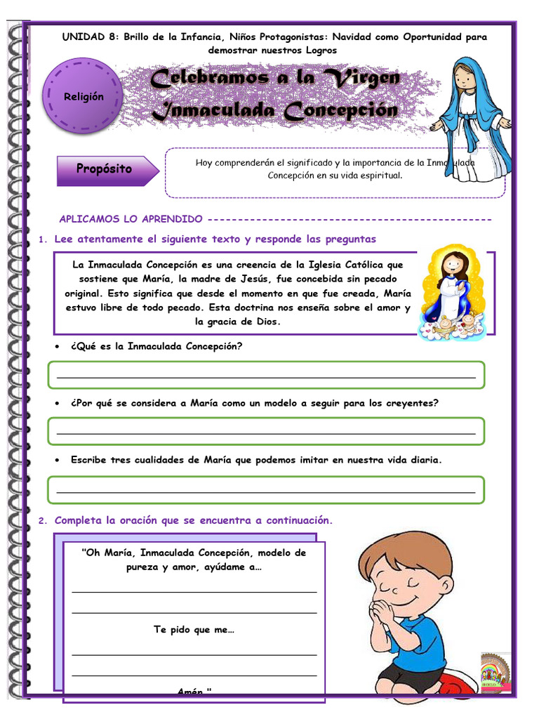 U8 FICHA D4 RELIGIÓN Celebramos A La Virgen Inmaculada Concepción - 912871035 MISS MONICA | PDF ...
