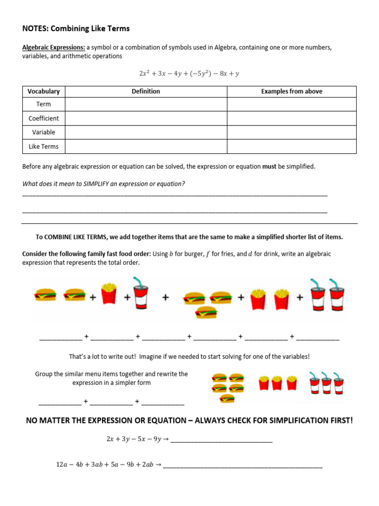 Combining Like Terms Notes | PDF | Algebra | Equations