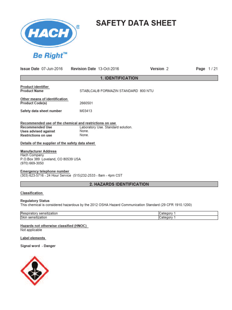 Safety Data Sheet: 1. Identification | PDF | Formaldehyde | Allergy
