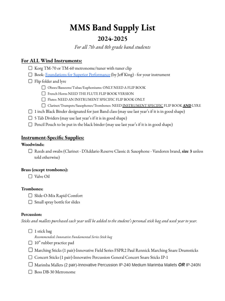 MMS 7th-8th Grade Band Supply List | PDF