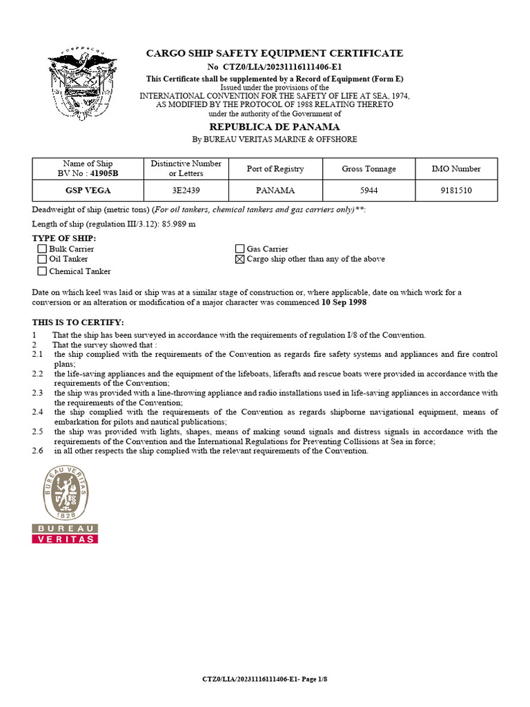 Cargo Ship Safety Equipment Certificate FORM E | PDF | Water Transport ...