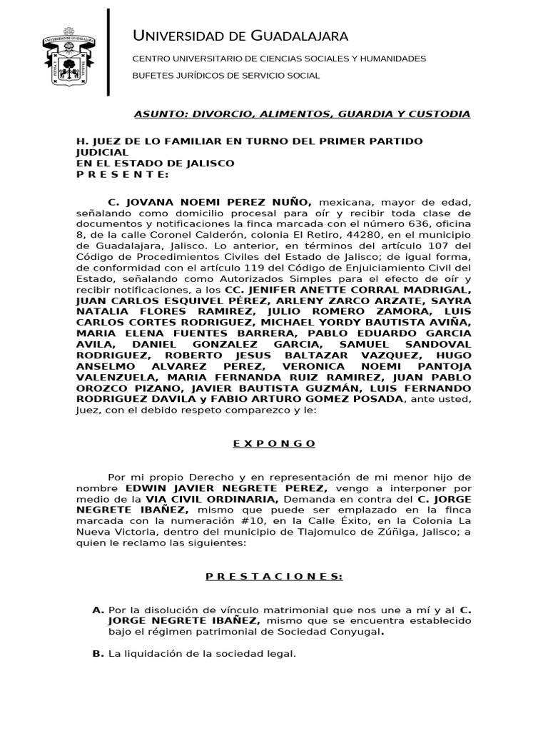 Demanda Divorcio y Alimentos Jovana (1) | PDF | Pensión alimenticia | Salario