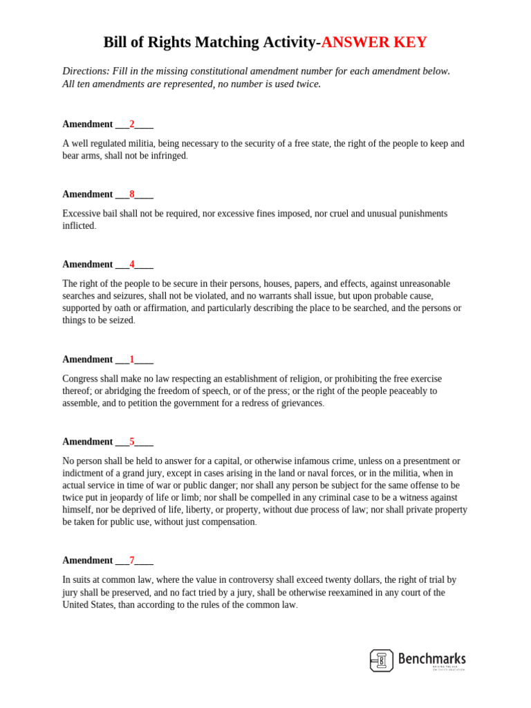 Bill of Rights Matching Answer Key | PDF | United States Bill Of Rights ...