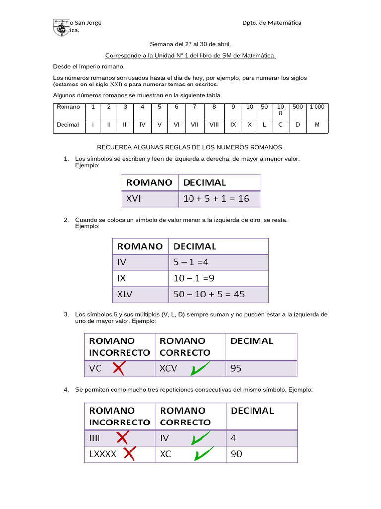 Números Romanos: Reglas y Ejercicios | PDF | Notación Matemática ...