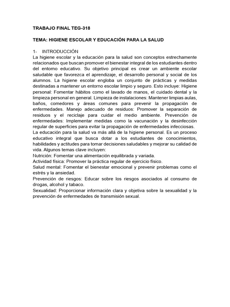 Trabajo Final Teg | PDF | Higiene | Educación para la salud