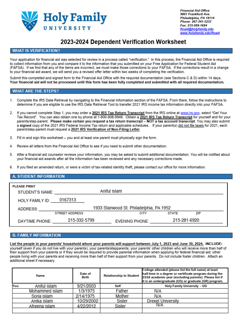 2023 Dependent Verification Worksheet | PDF | Irs Tax Forms | Internal ...