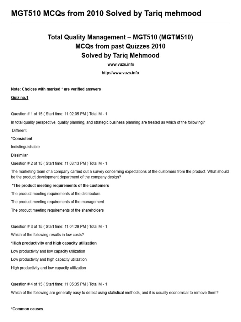 MGT510 Total Quality Management MCQs | PDF | Quality Management ...