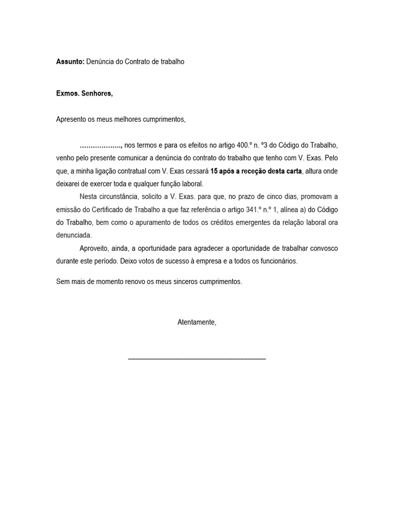 CARTA - Denúncia Do Contrato de Trabalho | PDF