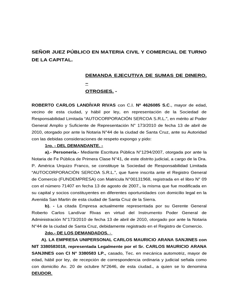 Demanda Ejecutiva, Cobro de Dinero | PDF | Ley procesal | Ley común