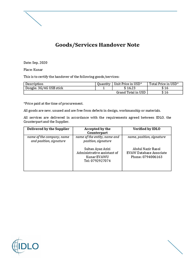 03 - Goods Services Handover Note For Dongle | PDF