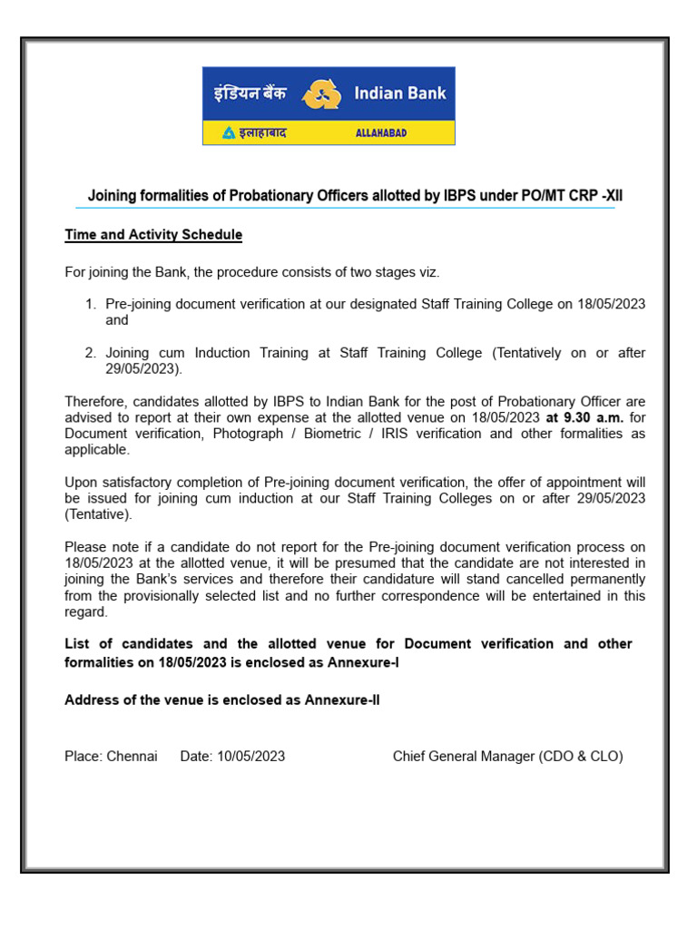 IBPS PO Joining Formalities Guide | PDF