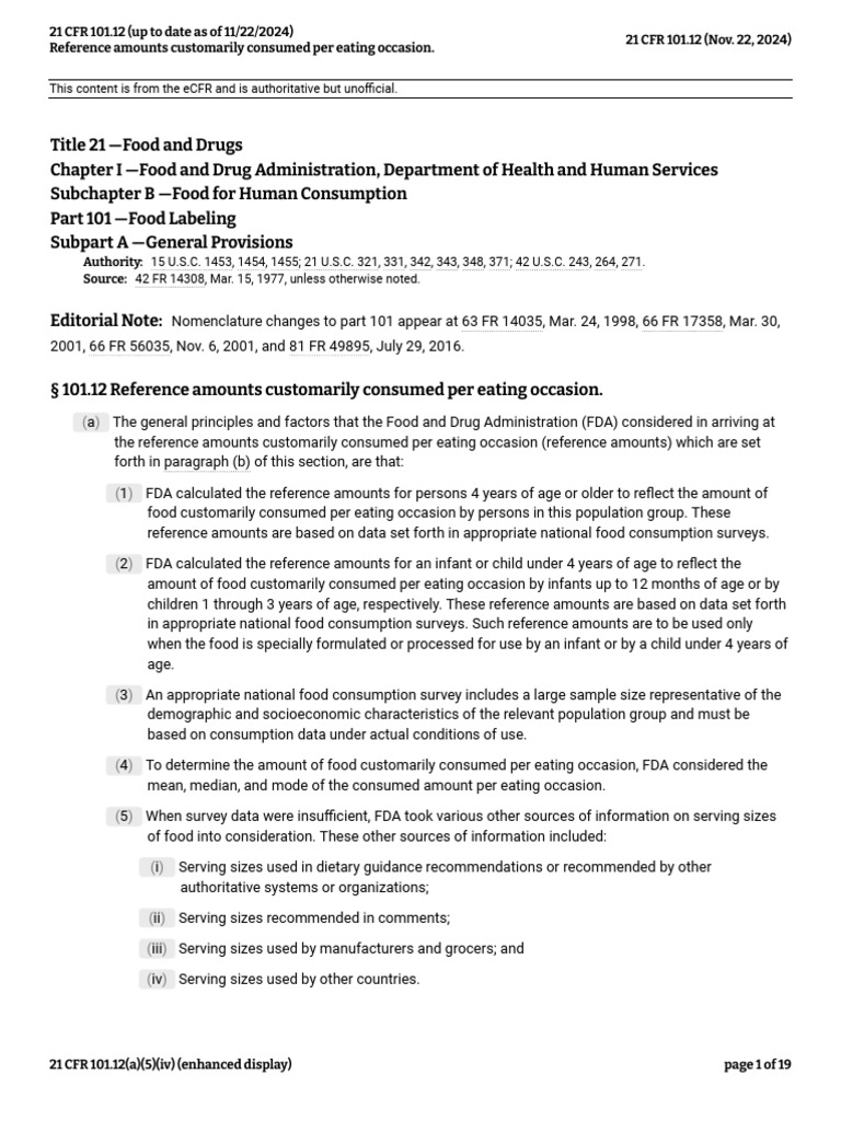 21 CFR 101.12 (Up To Date As of 11-22-2024) | PDF | Sauce | Cakes