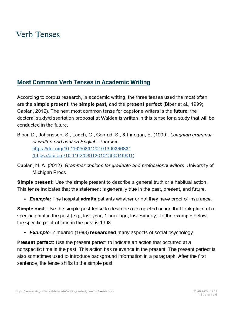 Verb Tenses - Grammar - Academic Guides at Walden University | PDF | Grammatical Tense ...