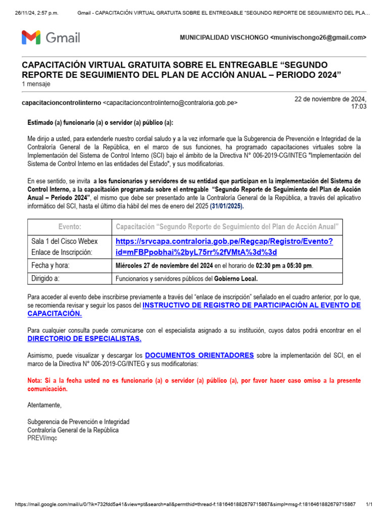 Gmail - CAPACITACIÓN VIRTUAL GRATUITA SOBRE EL ENTREGABLE "SEGUNDO REPORTE DE SEGUIMIENTO DEL ...