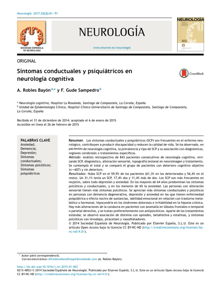 Síntomas Conductuales Y Psiquiátricos En Neurología Cognitiva Pdf