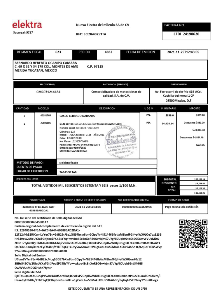 FACTURA ITALIKA MOTONETA D125 CONPA FRANK | PDF | Motociclismo