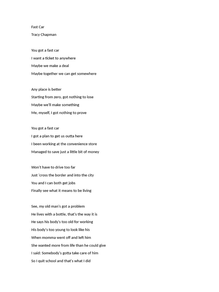 Tracy Chapman's "Fast Car" Lyrics Analysis | PDF