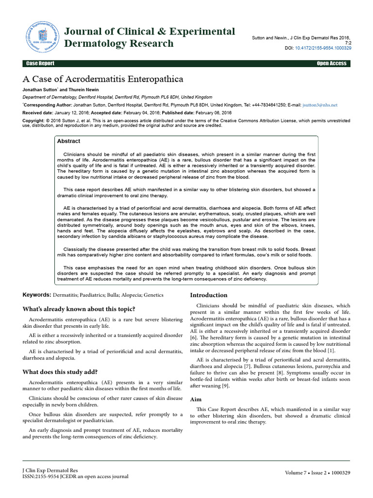 A Case of Acrodermatitis Enteropathica 2155 9554 1000329 | PDF ...