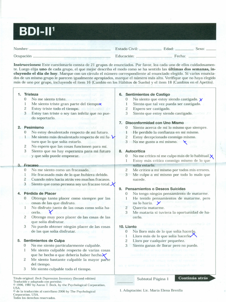 Beck depression inventory II (BDI-II) con respuestas | PDF