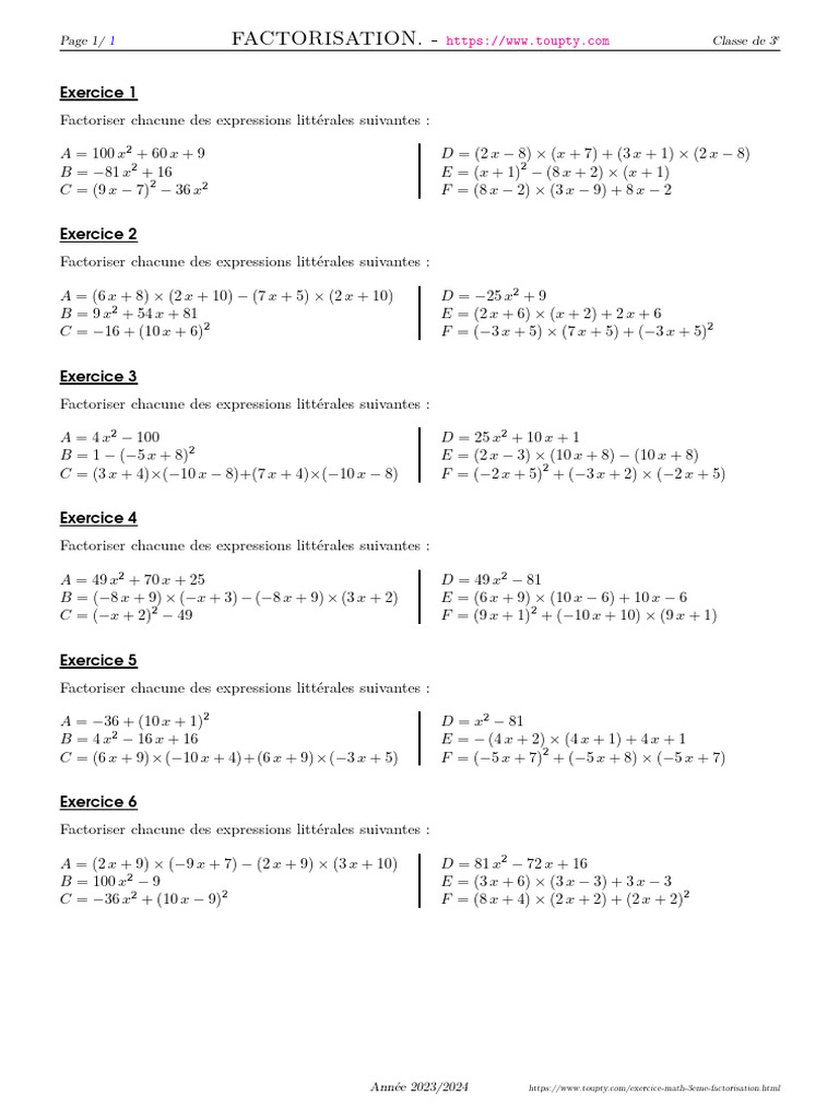 Exercices de Factorisation 3ème | PDF