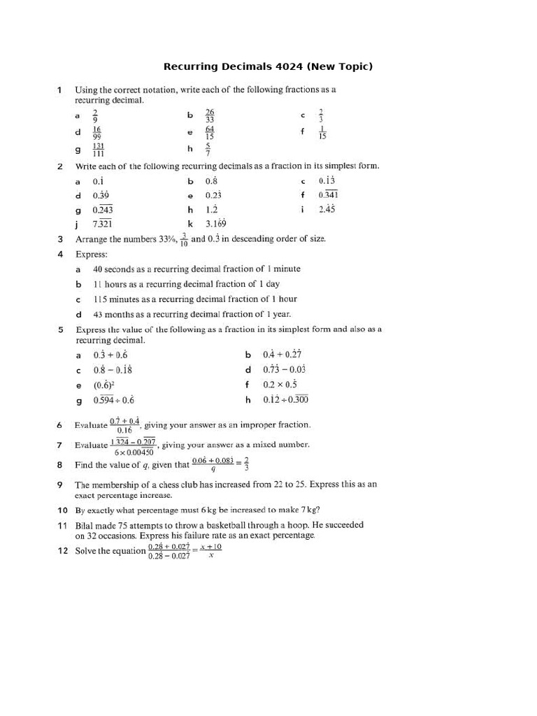 Understanding Recurring Decimals 4024 | PDF
