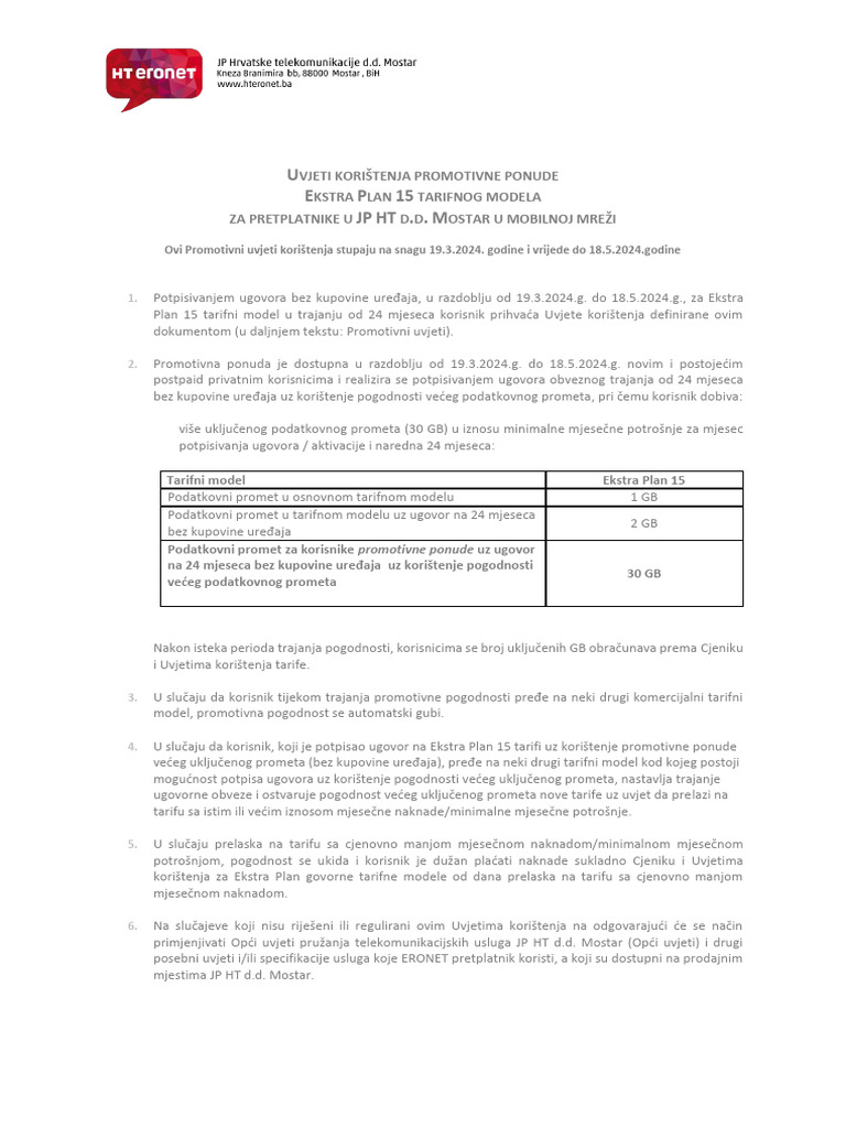 Uvjeti Koristenja Promotivne Ponude Ekstra Plan 15 Tarifnog Modela 91842 | PDF