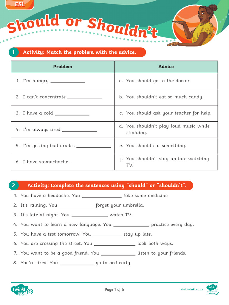T 1716886673 Esl Should or Shouldnt Worksheet Kids A2 Ver 2 | PDF ...